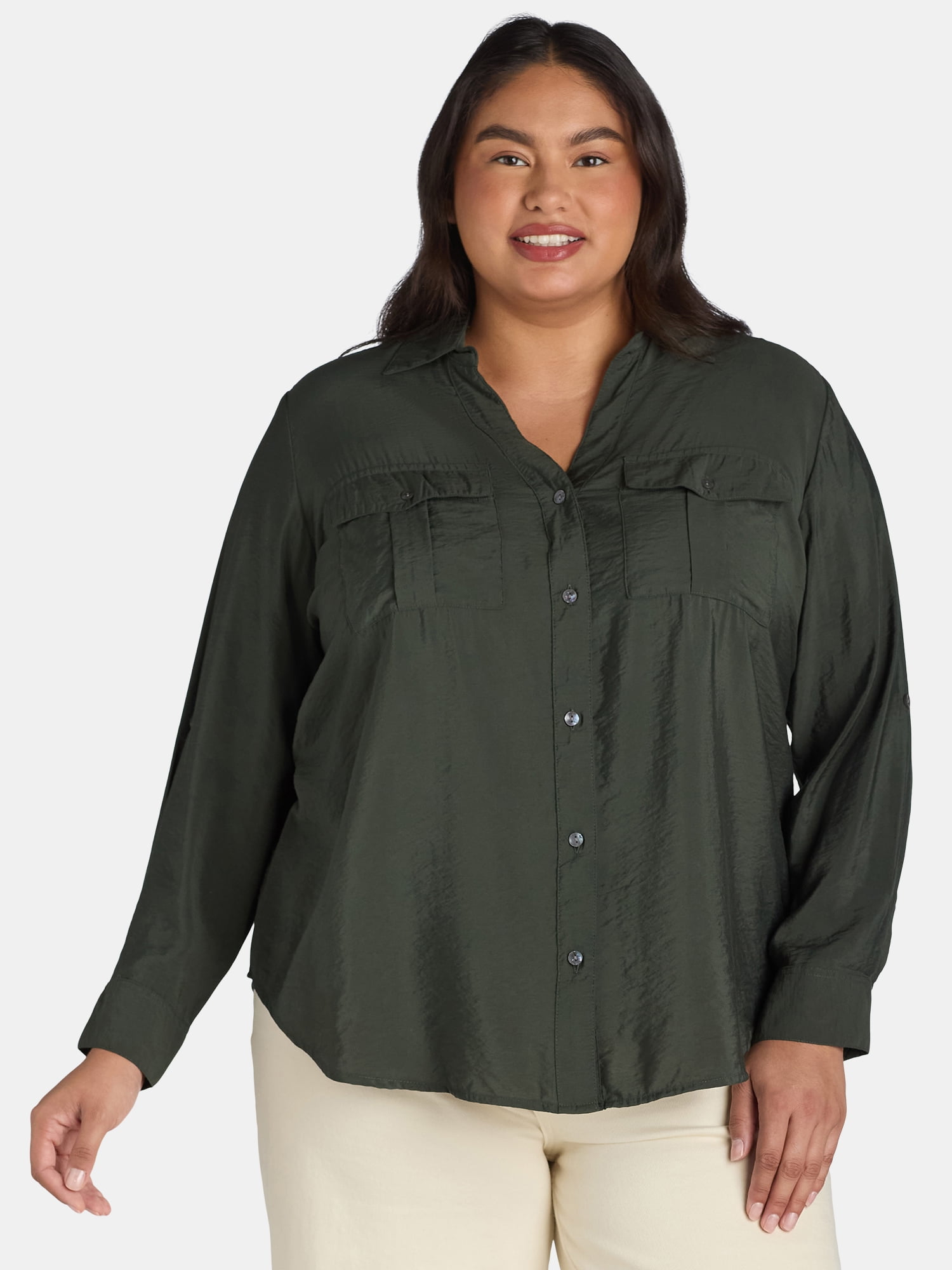 Terra & Sky Women's Plus Size Utility Blouse with Roll Tab Sleeves ...