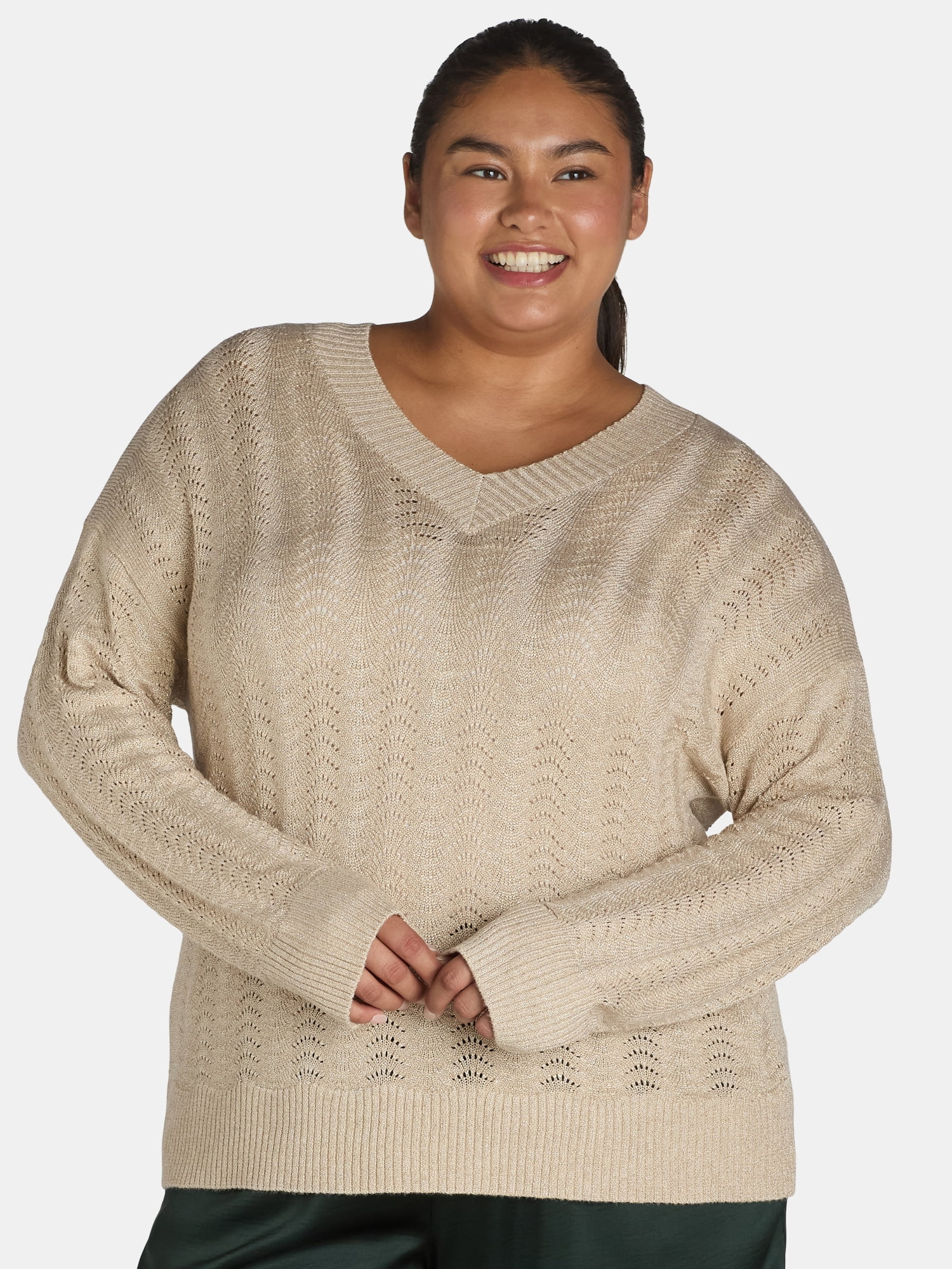 Terra And Sky Womens Plus Size V Neck Lurex Pointelle Pullover Sweater Sizes 0x 5x