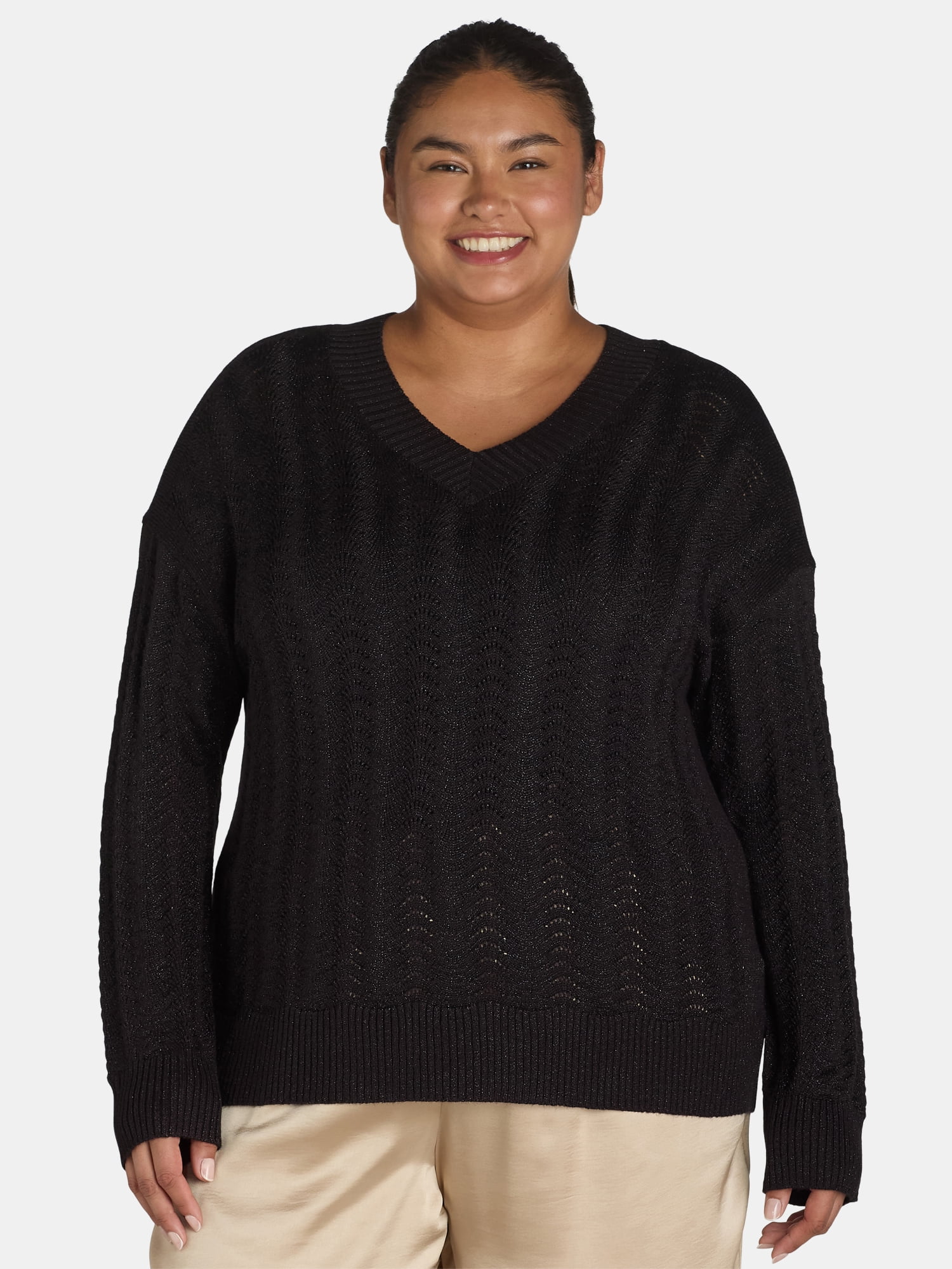 Terra & Sky Plus Size V-Neck Lurex Pointelle Pullover Sweater, Sizes 0X ...