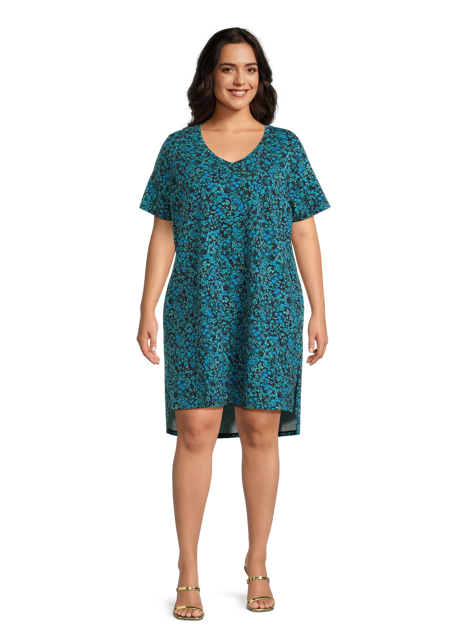 Terra & Sky Plus Size V-Neck Step Dress, High-Low Hem, Cotton/Spandex ...