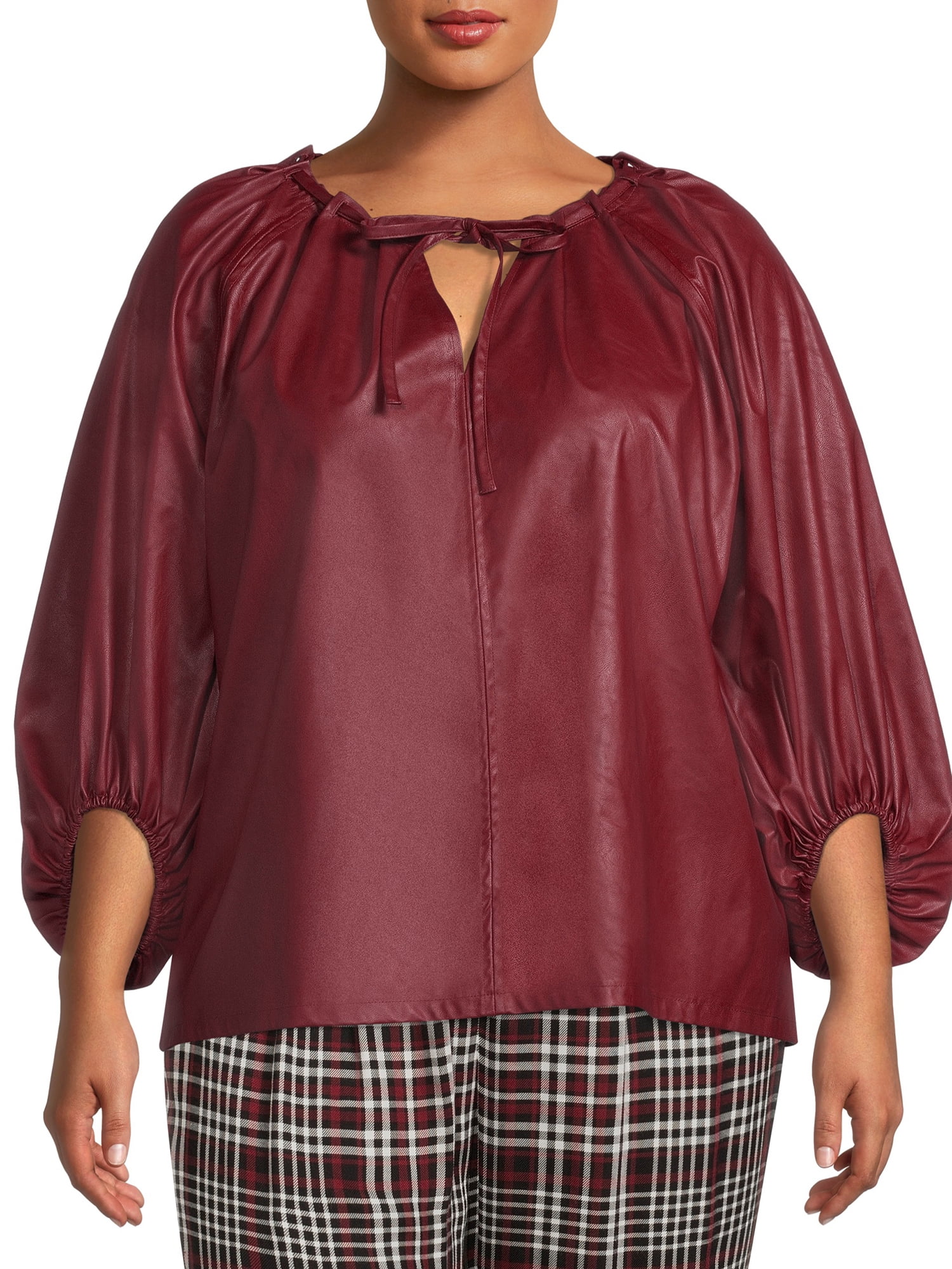 Terra & Sky Women's Plus Vegan Leather Long Sleeve Drawstring Top, Bold ...