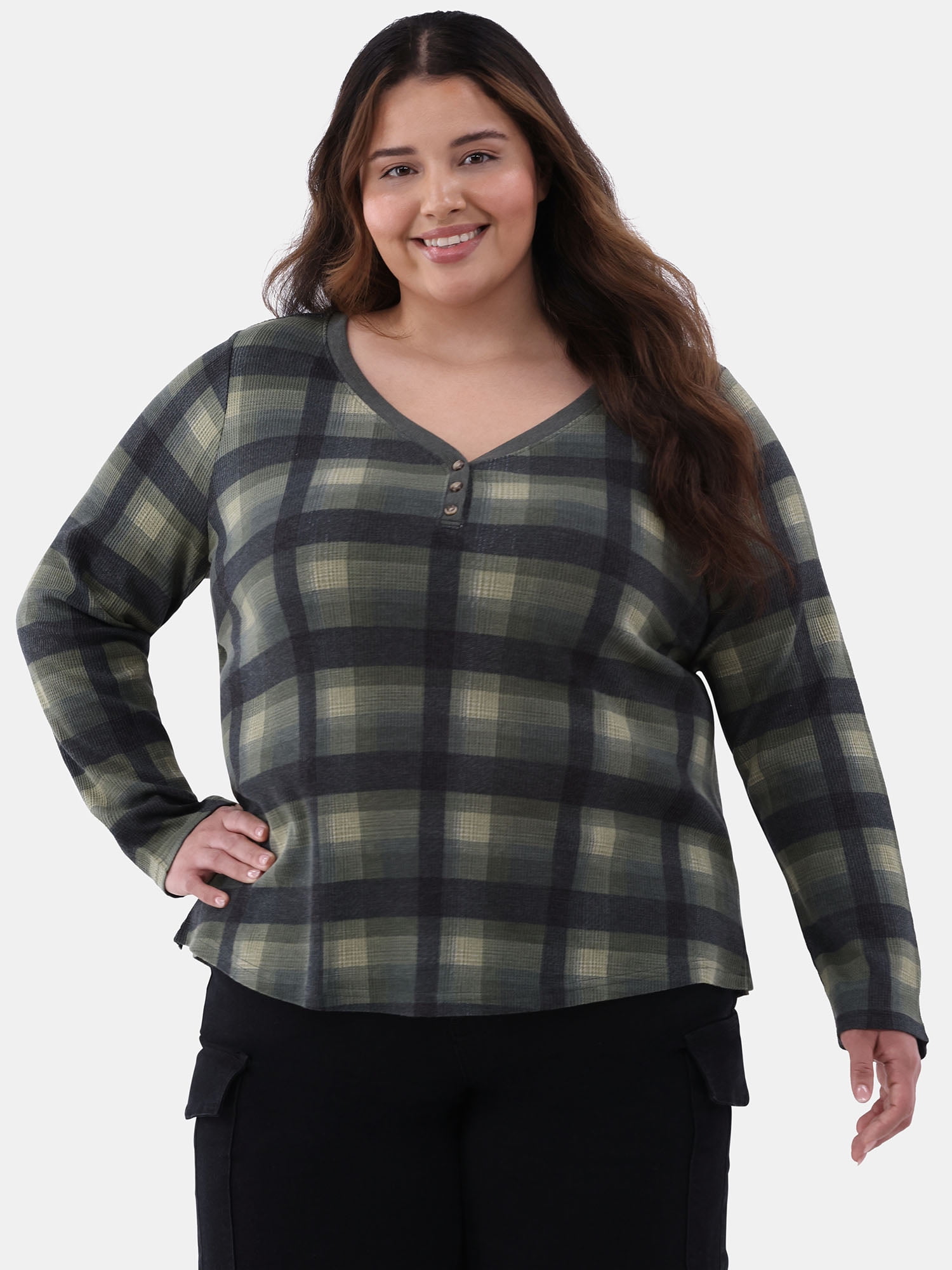 Terra & Sky Women's Plus Thermal Henley Top, Available in 1 and 2-Pack ...