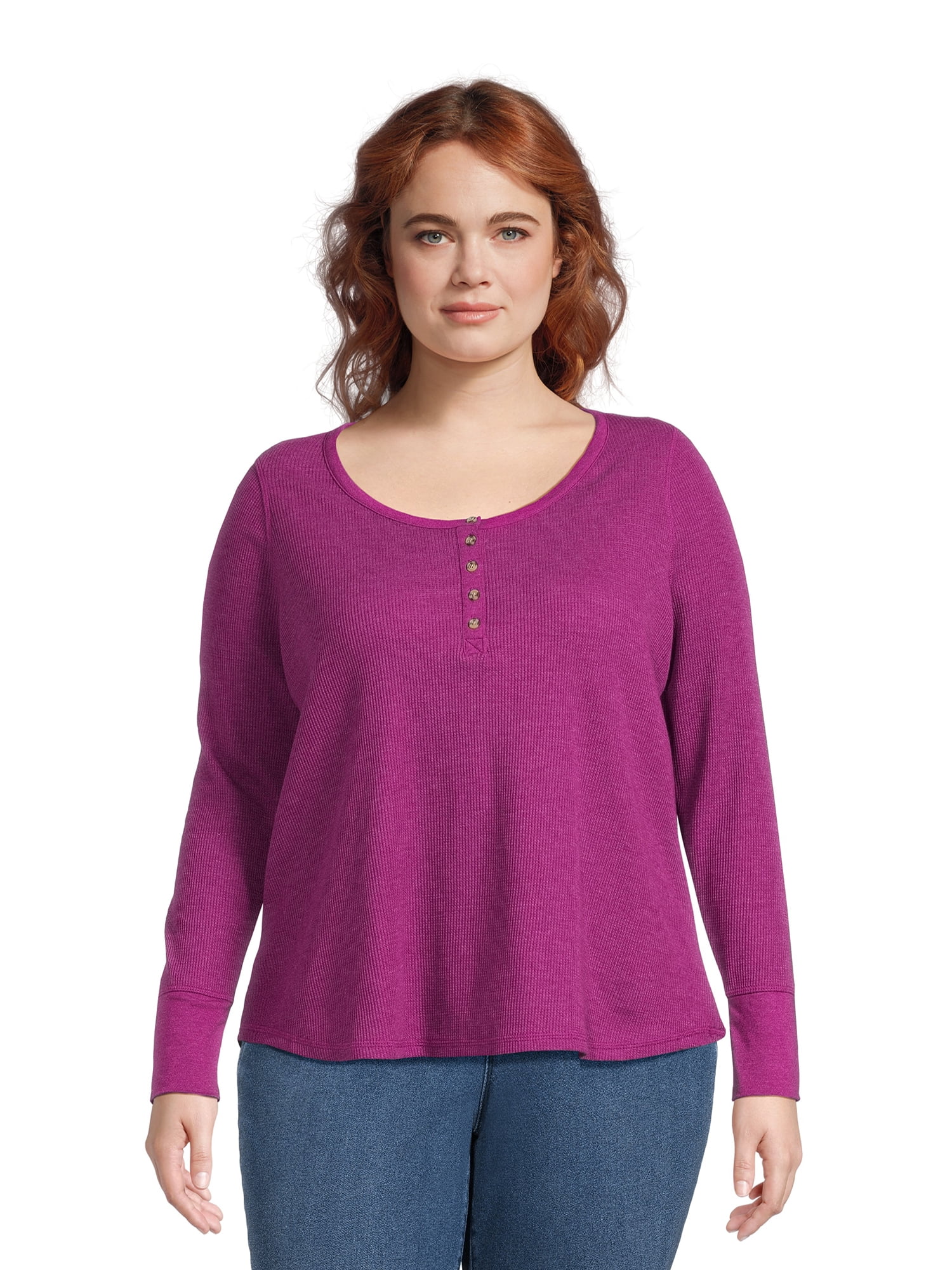 Terra & Sky Women's Plus Size Waffle Tee with Long Sleeves, Sizes 0X-4X ...