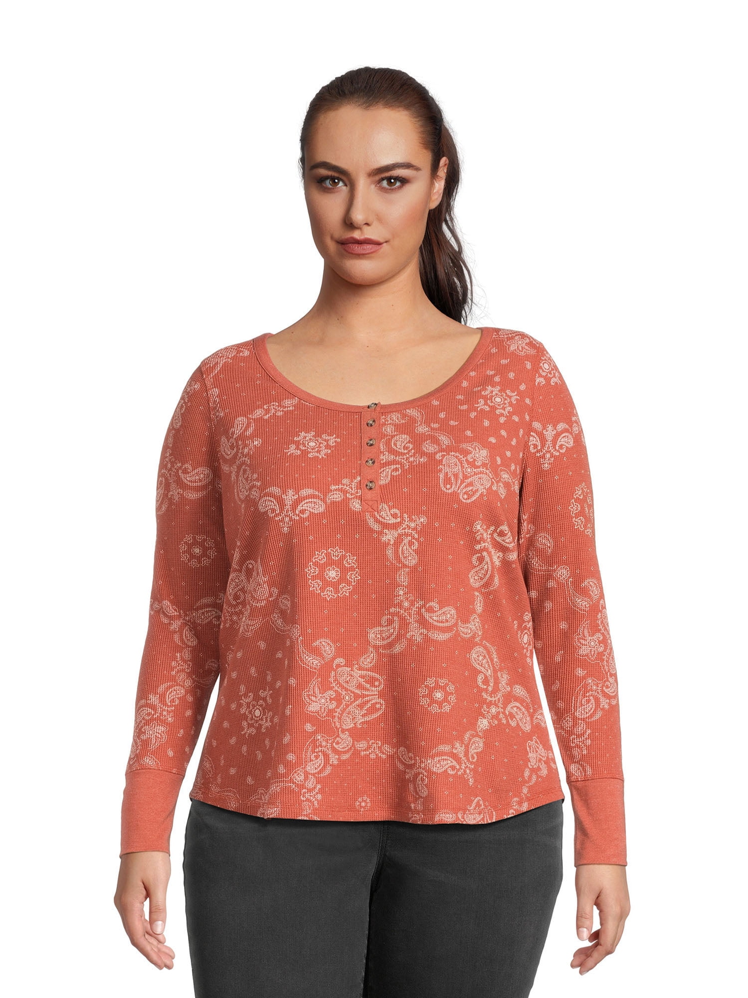 Terra & Sky Women's Plus Size Waffle Tee with Long Sleeves, Sizes 0X-4X ...