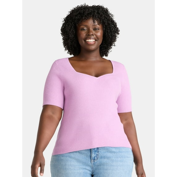 Terra & Sky Women's Plus Size Ribbed Sweetheart Sweater with Short ...