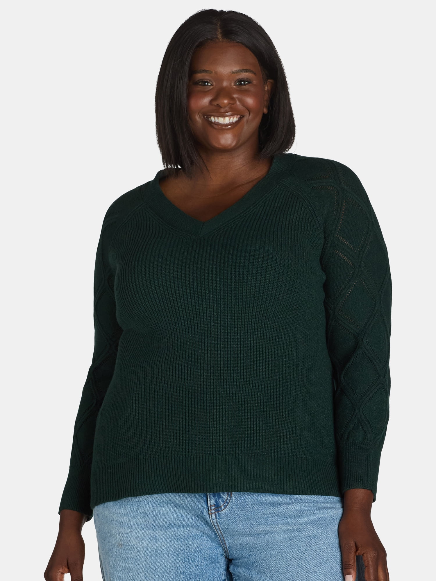 Terra & Sky Women's Plus V-Neck Pointelle Knit Sweater, Midweight ...