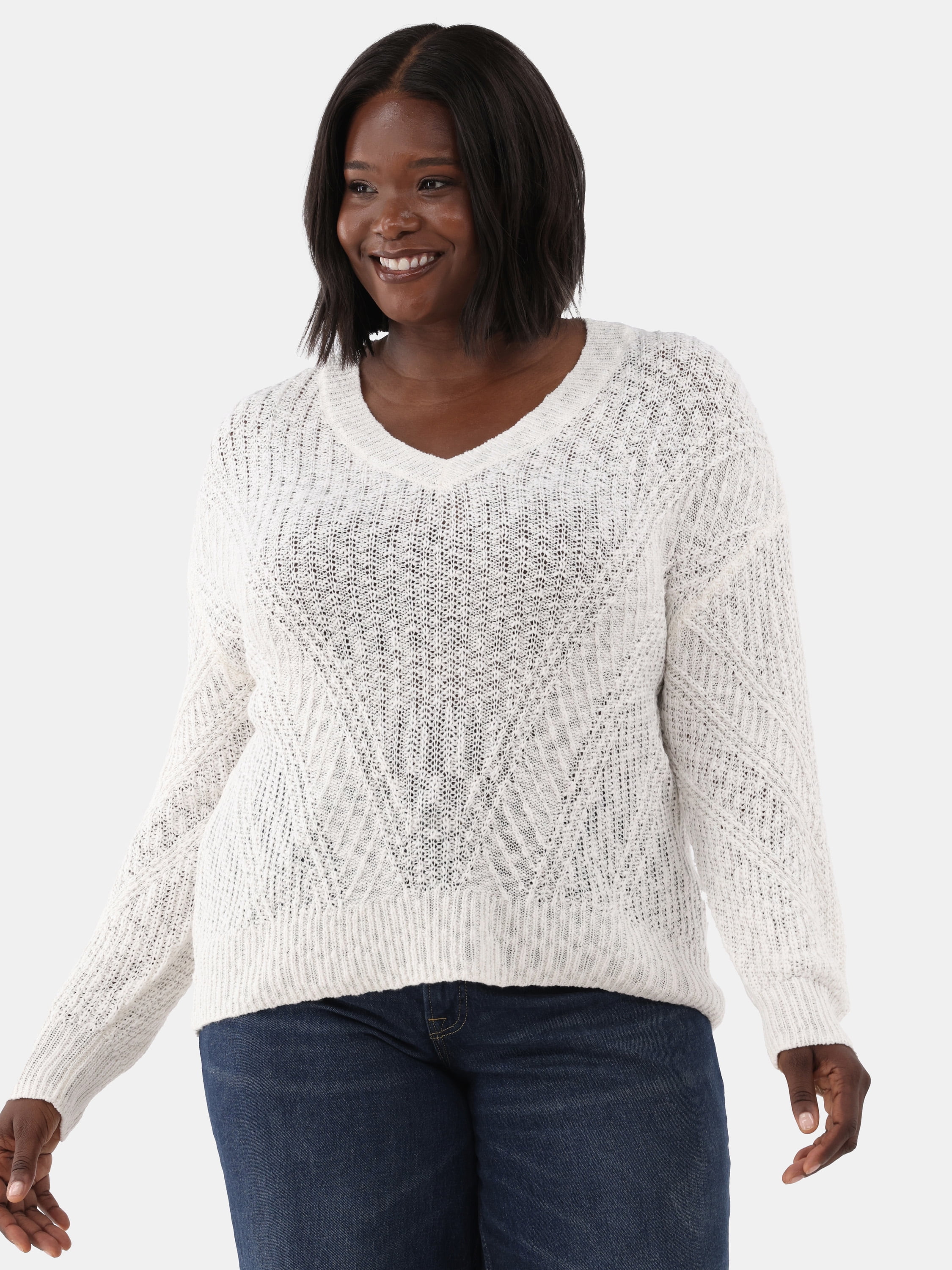 Terra & Sky Women's Plus V Neck Long Sleeve Sweater Machine Washable ...