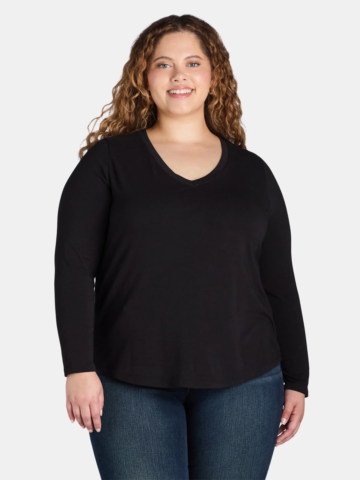 Terra & Sky Women’s Plus V Neck Tee with Long Sleeves, Available in 1 and 3-Packs, Sizes 0X-5X ...