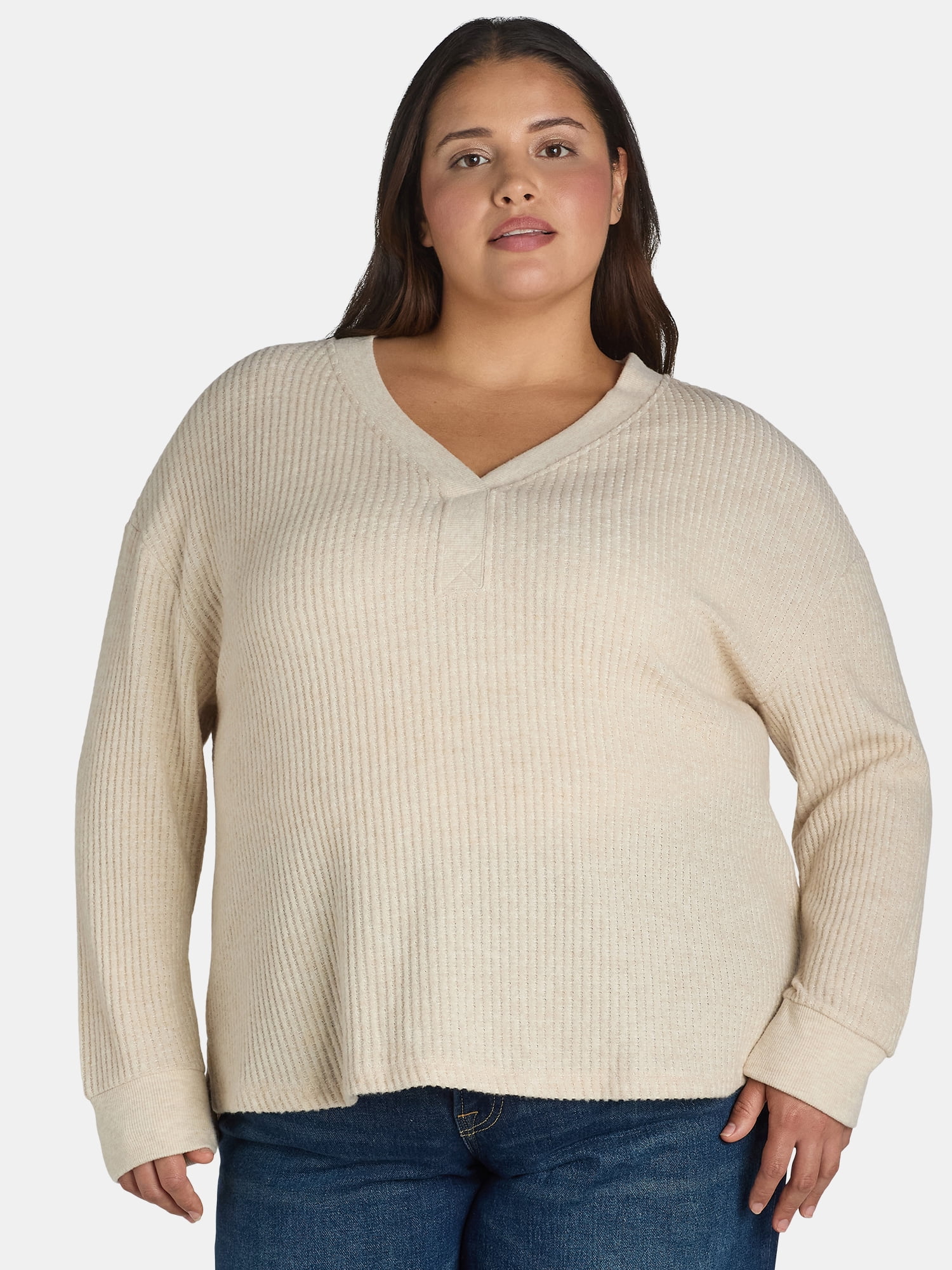 Terra & Sky Plus Women’s Waffle V-Neck Henley Top, Long-Sleeve, Sizes ...
