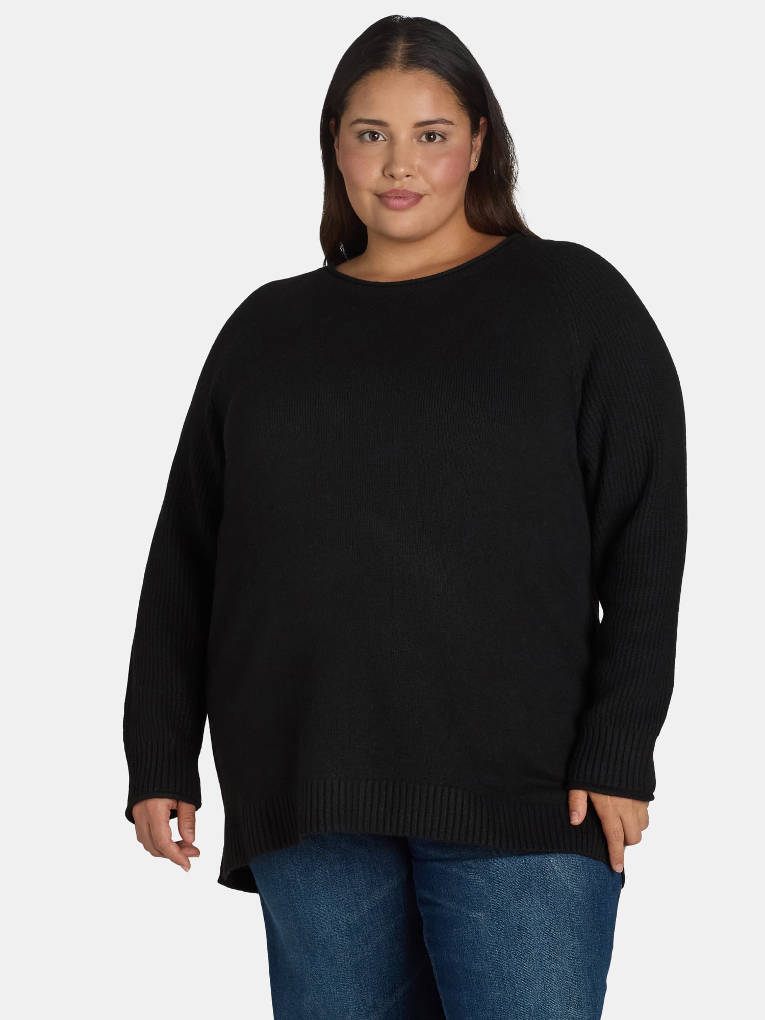 Terra & Sky Women’s Plus Mixed Rib Crewneck Sweater, Lightweight, Sizes ...