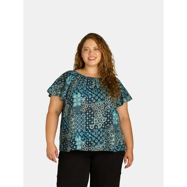 Terra And Sky Womens Plus Size Printed Flutter Sleeve Top Sizes 0x 4x
