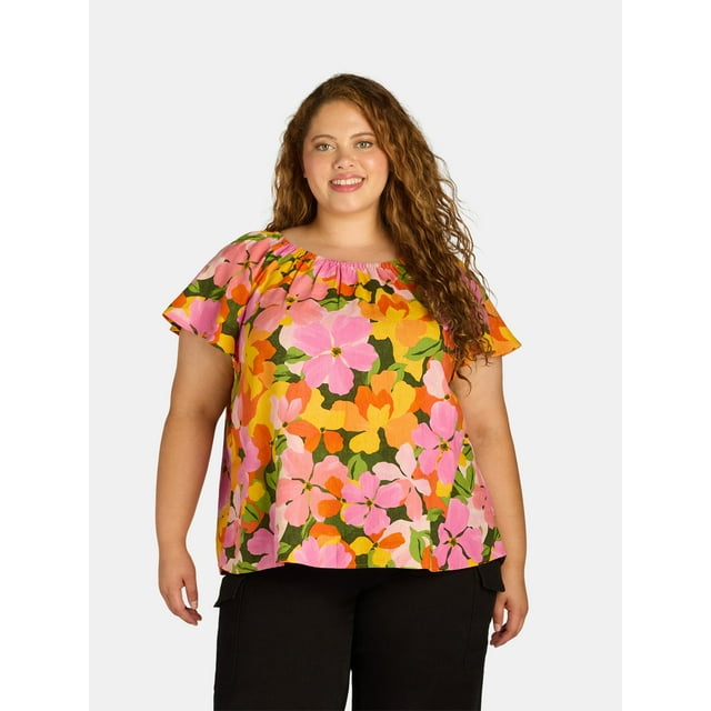 Terra And Sky Womens Plus Size Printed Flutter Sleeve Top Sizes 0x 4x