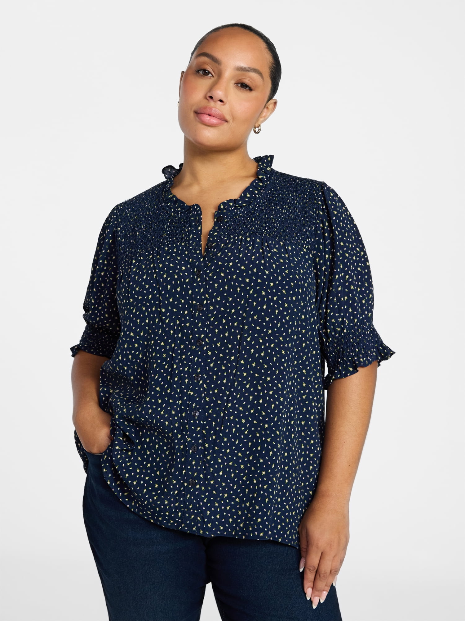 Terra & Sky Women's Plus Elbow Sleeve Smock Yoke Top, Sizes 0X-5X ...