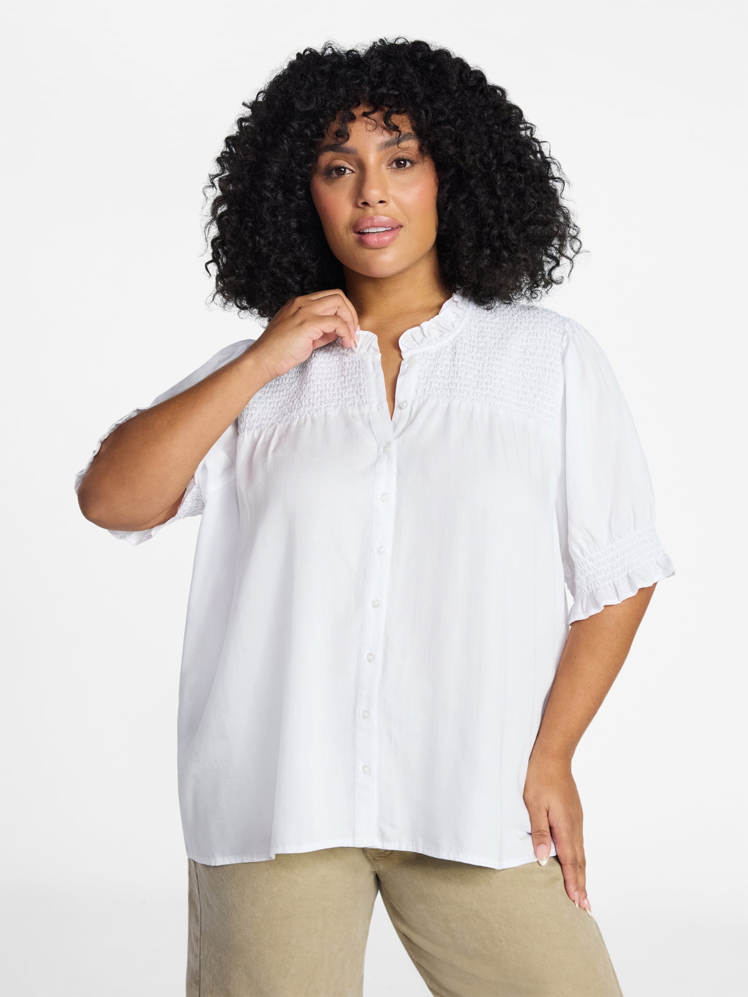 Terra & Sky Women's Plus Size Smock Yoke Top with Elbow Sleeves, Sizes ...