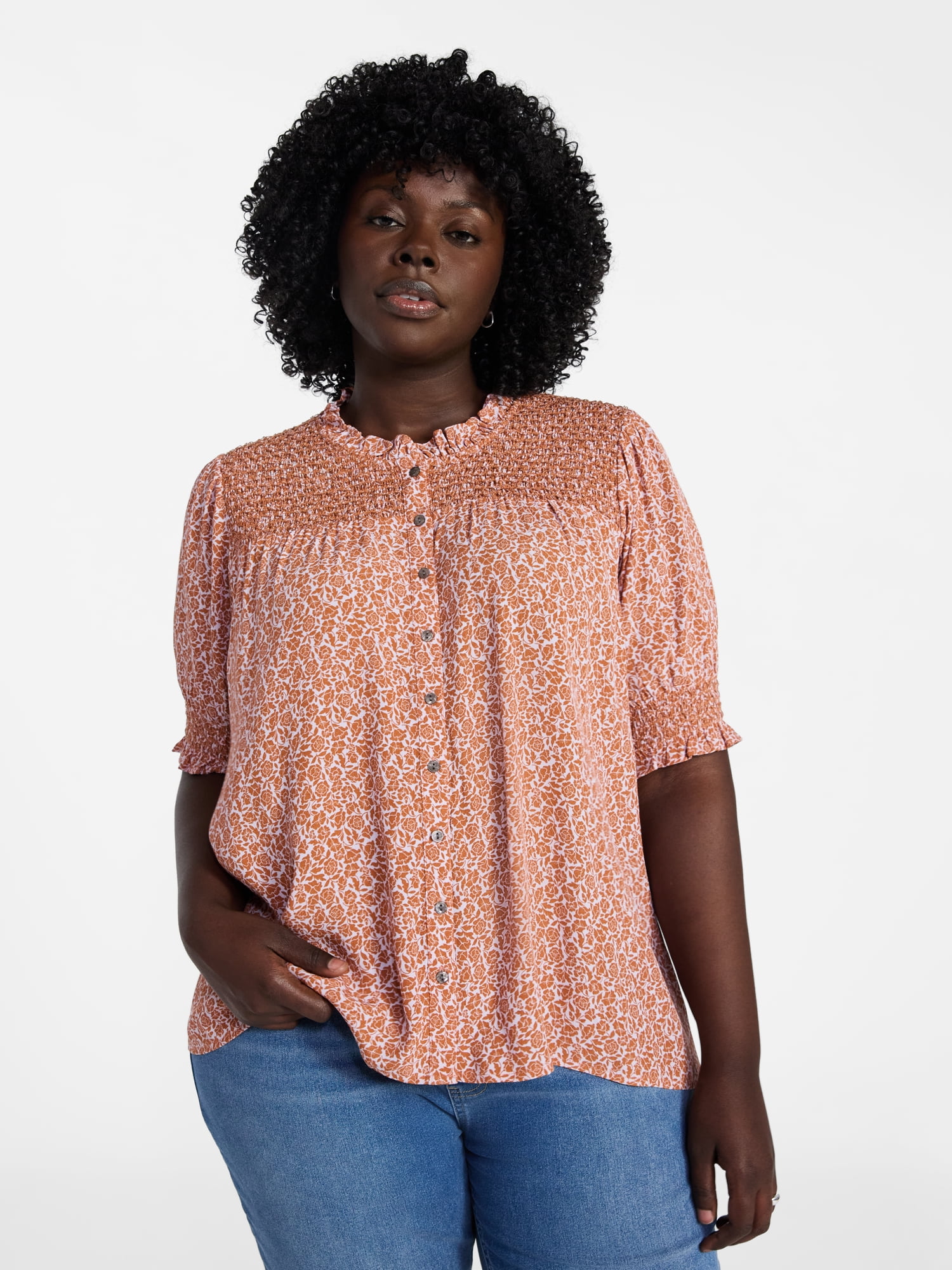 Terra & Sky Women's Plus Size Smock Yoke Top with Elbow Sleeves, Sizes ...