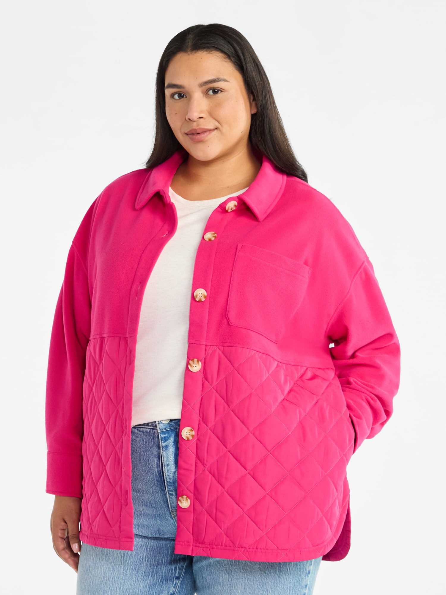 Terra & Sky Women's Plus Size Quilt Mix Button Front Shacket with Long ...