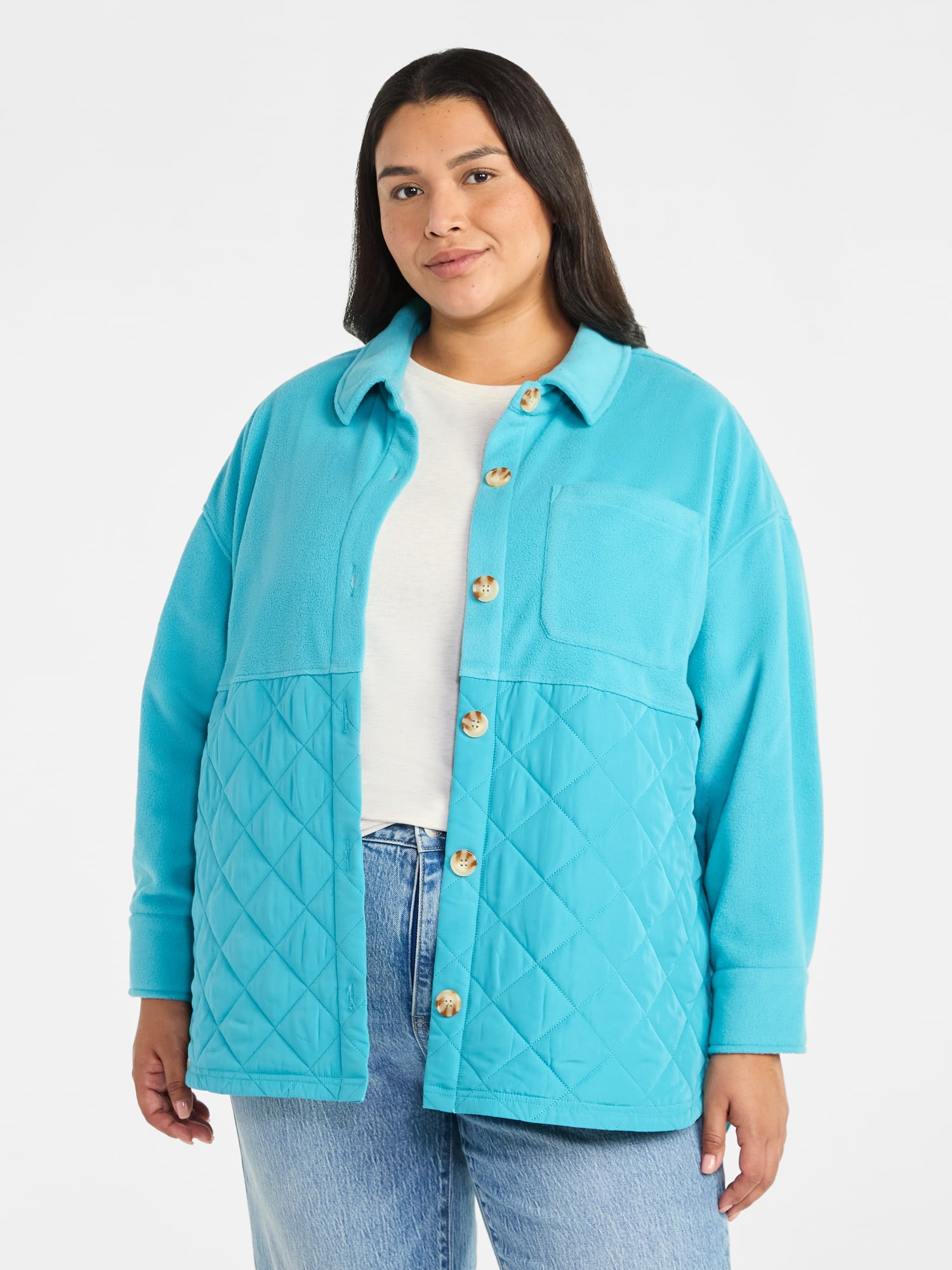 Terra & Sky Women's Plus Size Quilt Mix Button Front Shacket with Long ...