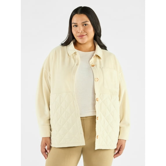 Terra & Sky Women's Plus Size Quilt Mix Button Front Shacket with Long ...