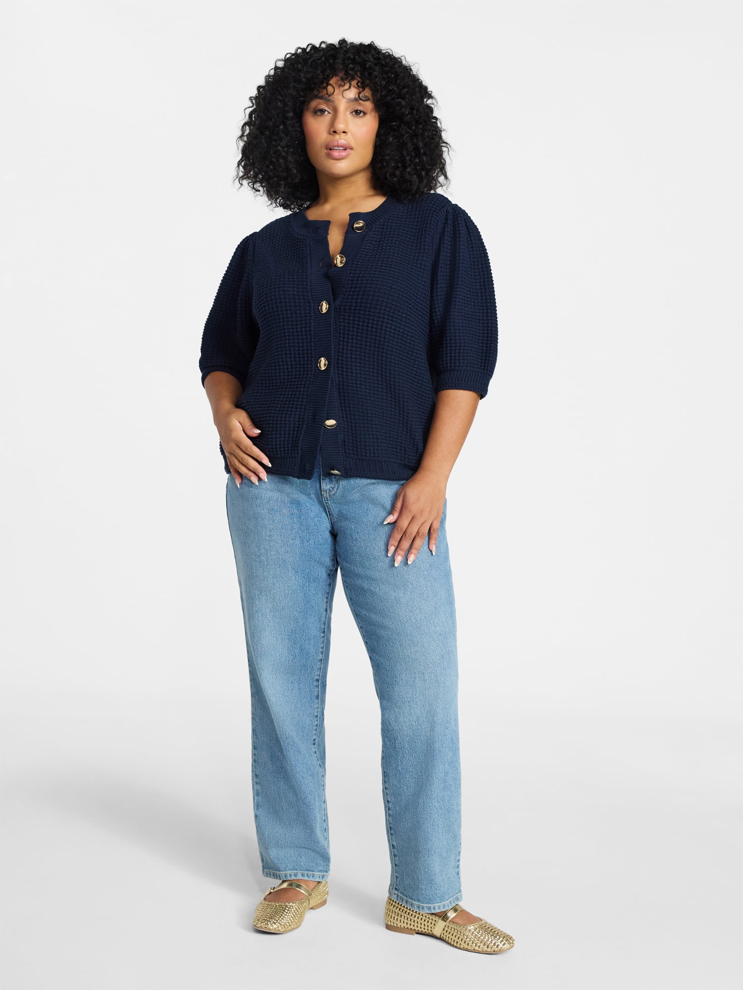 Terra & Sky Women's Plus Size Textured Crewneck Cardigan with Short ...