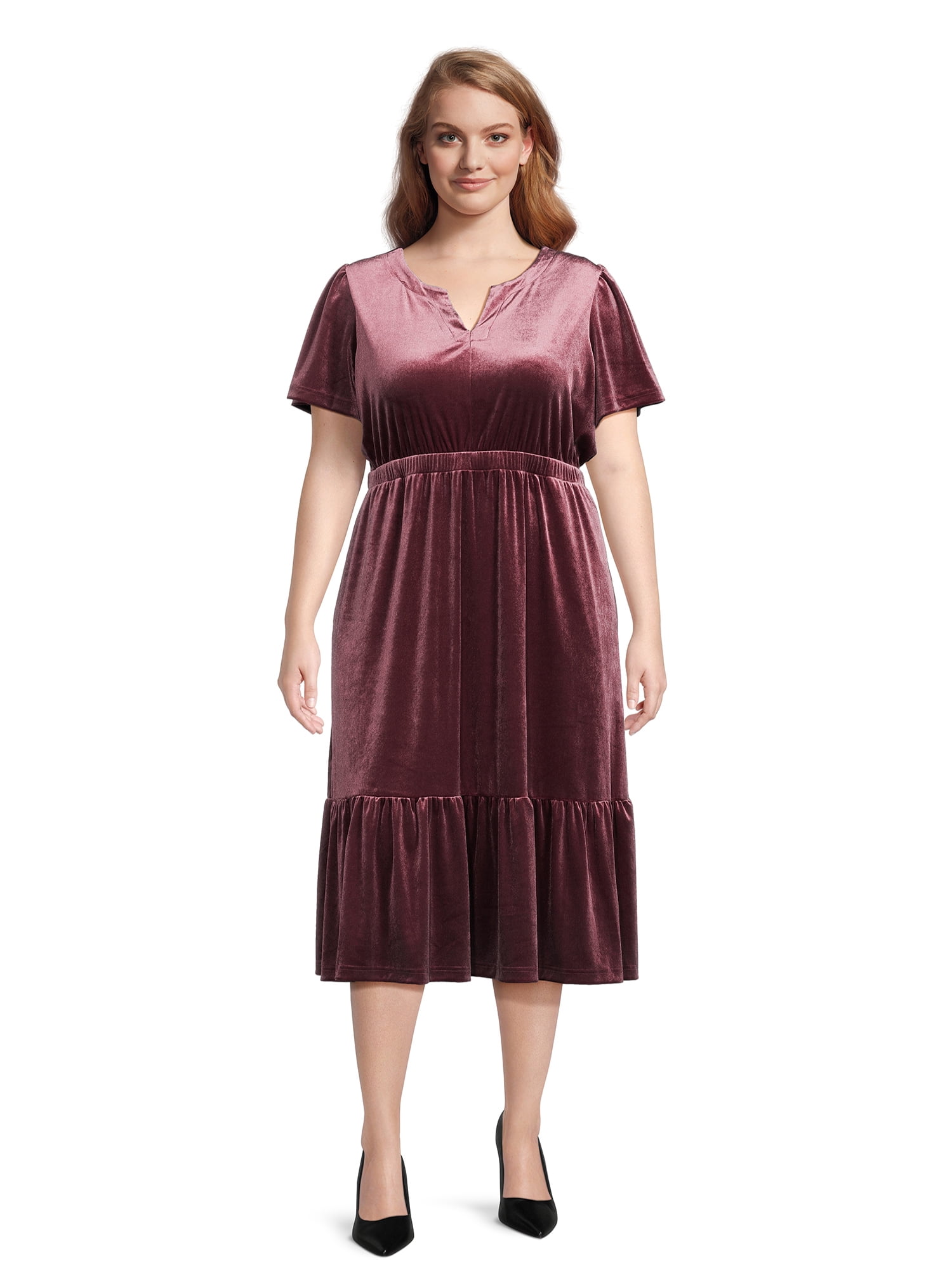 Terra and Sky Women's Plus Size Flutter Sleeve Y-Neck Velvet Dress with ...