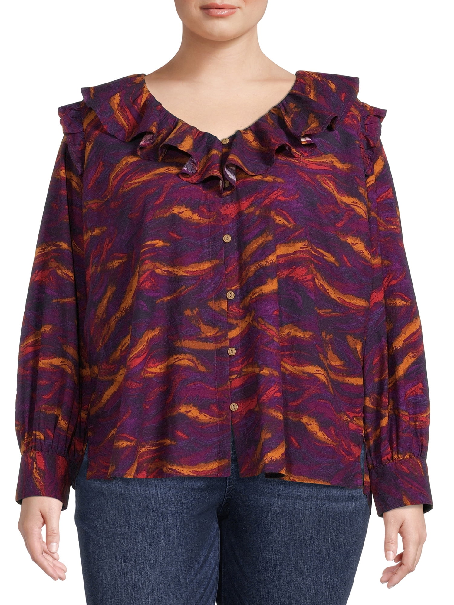Terra and Sky Women's Plus Size Long Sleeve Ruffle Top - Walmart.com