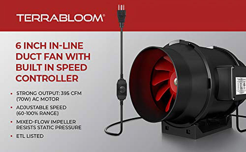 TerraBloom 6 Inch (150mm) Inline Fan - 395 CFM Exhaust Duct Fan, Built ...