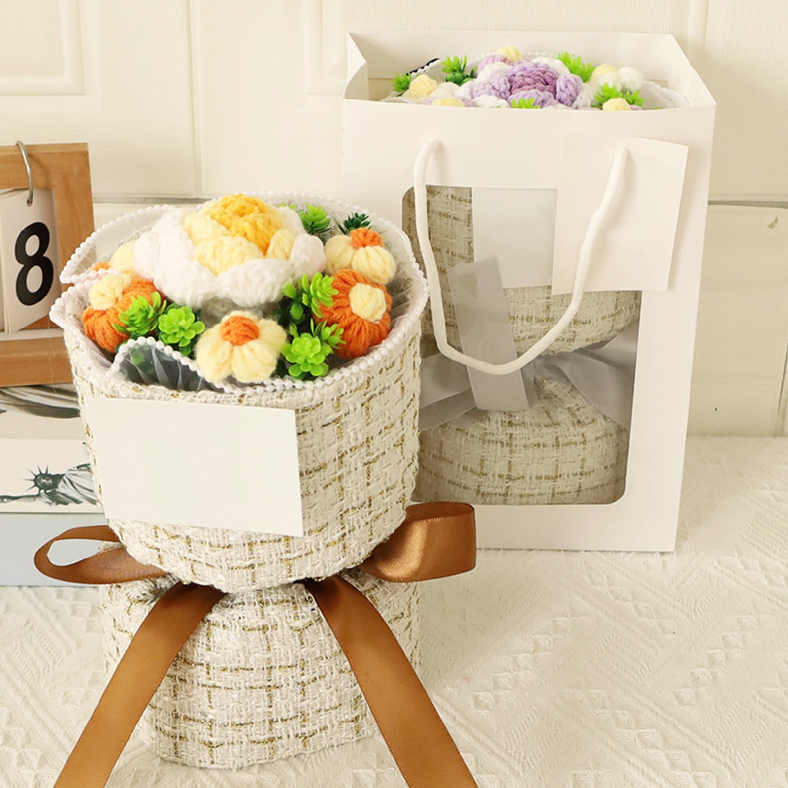 TerraHaven 7 Piece Handmade Crochet Puff Flowers Bouquet, Small ...