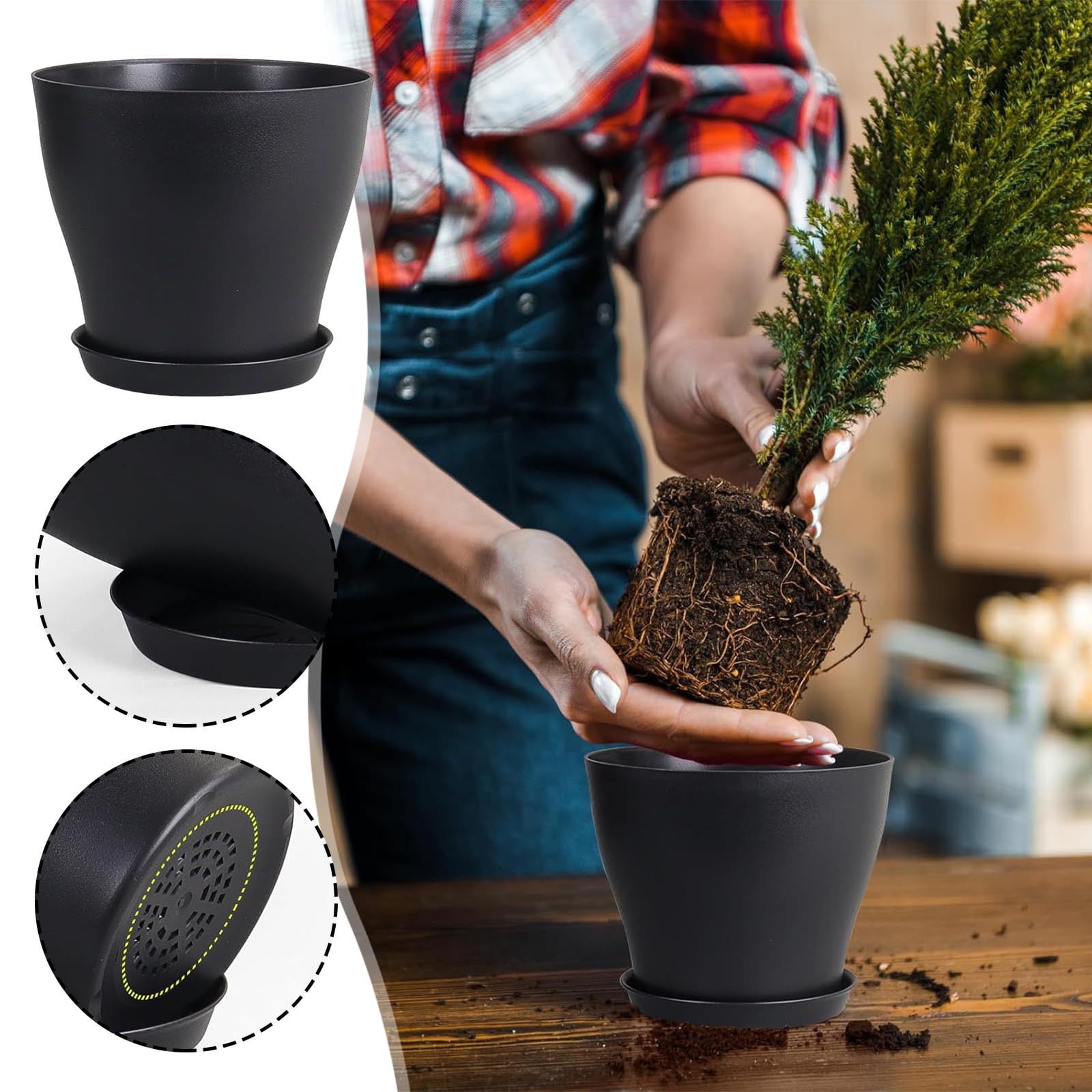 TerraHaven Plastic Flower Pots with Drainage Holes and Trays, Durable ...