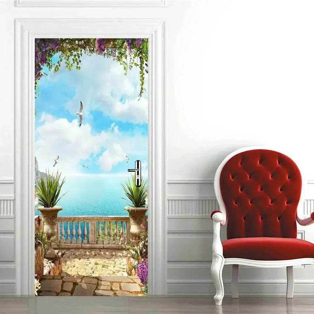 Terrace View Door Sticker Balcony Scenery Decal Removable Castle ...
