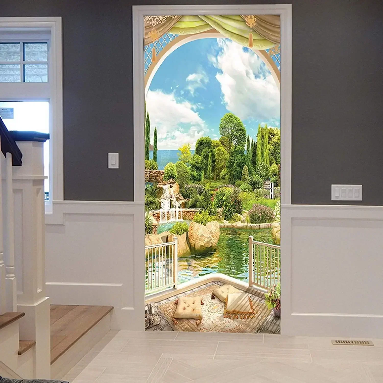 Terrace View Door Sticker Balcony Scenery Decal Removable Castle ...