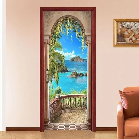 Terrace View Door Sticker Balcony Scenery Decal Removable Castle ...