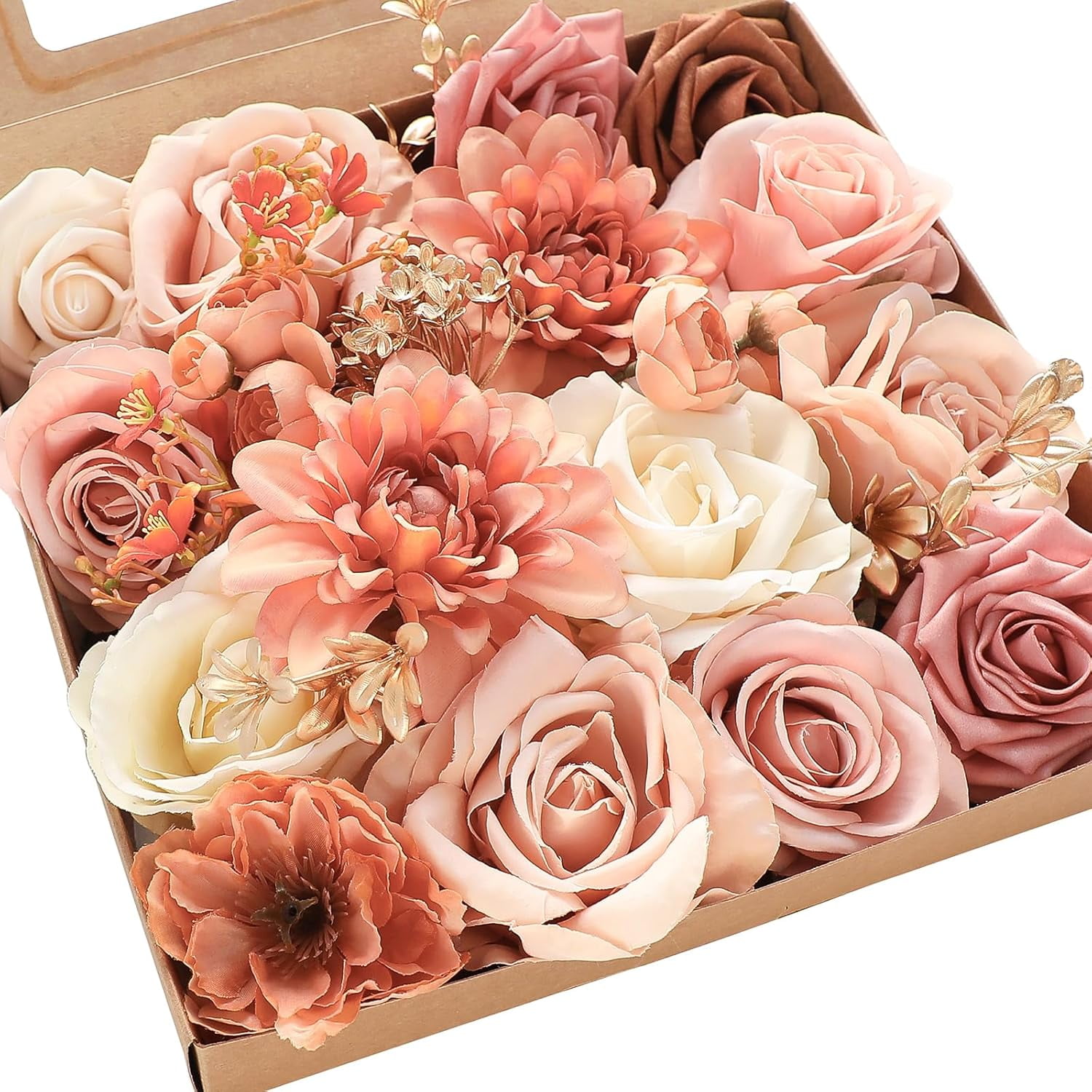 Terracotta Artificial Flowers Burnt Orange Fake Roses Dahlias and Greenery Combo Box Set for DIY ...