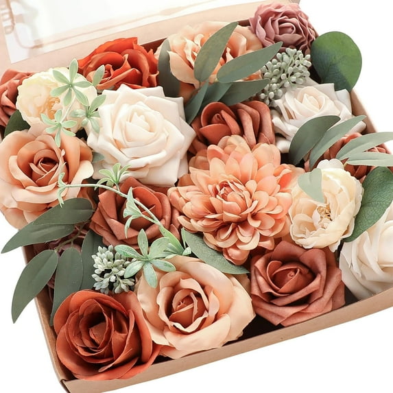 Terracotta Artificial Flowers Burnt Orange Fake Roses Peonies Dahlia ...