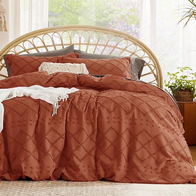 Terracotta Bohemian King Duvet Cover Set 3 Piece Fade-Proof Tufted ...