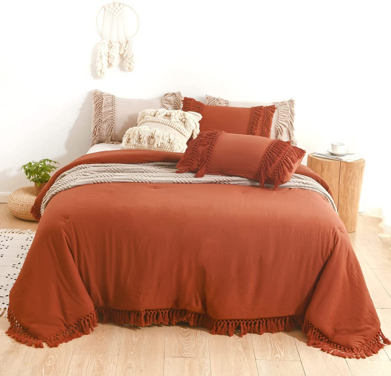 Terracotta Comforter with Boho Tassel King Size, Burnt Orange Rust Red ...