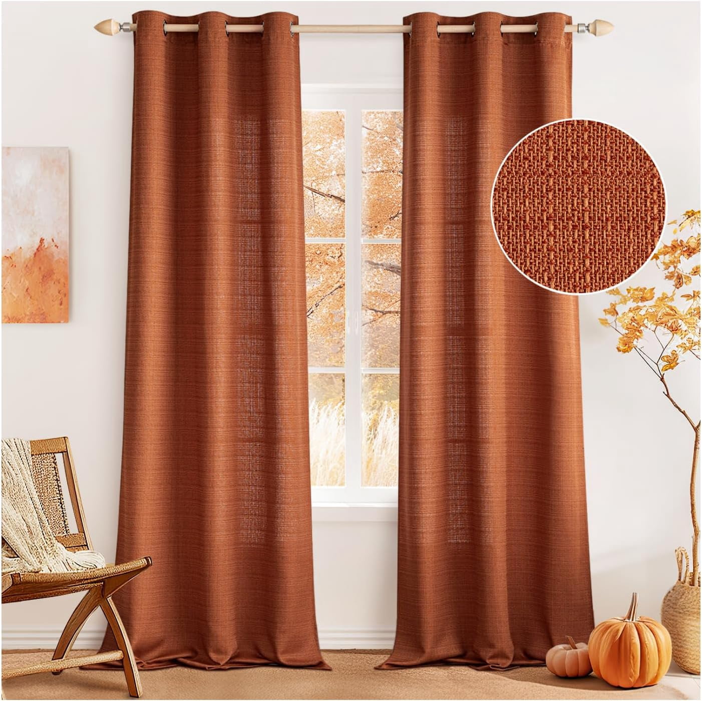 Terracotta Faux Linen Textured Curtains 84 Inch Length 2 Panels Set for ...
