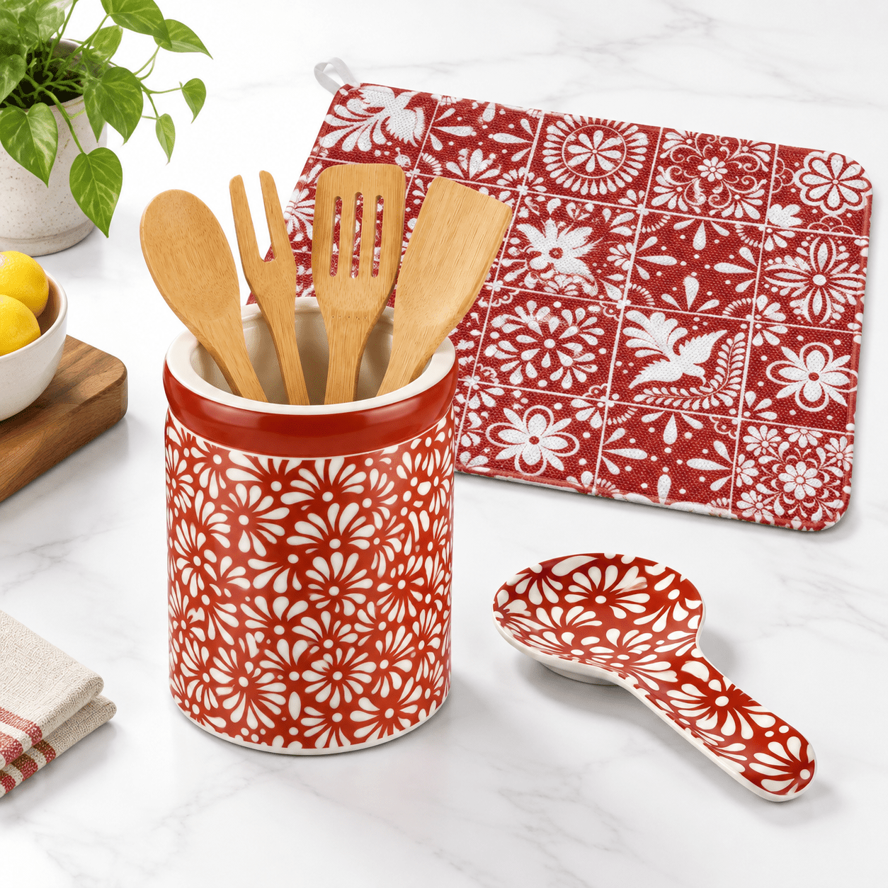 Terracotta Flower Talavera Ceramic Kitchen Utensil Organizer Set with ...