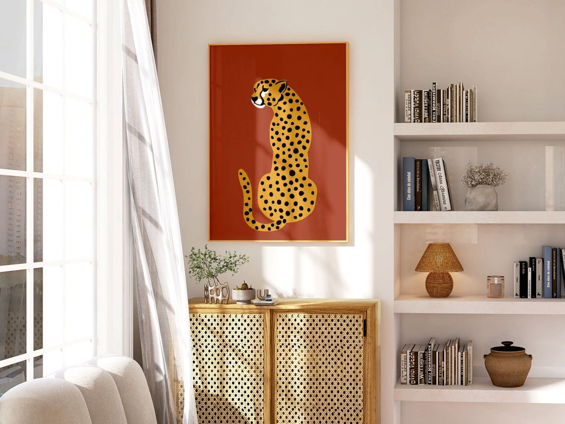 Terracotta Leopard Illustration Boho Animal Wall Art, Unframed Paper ...