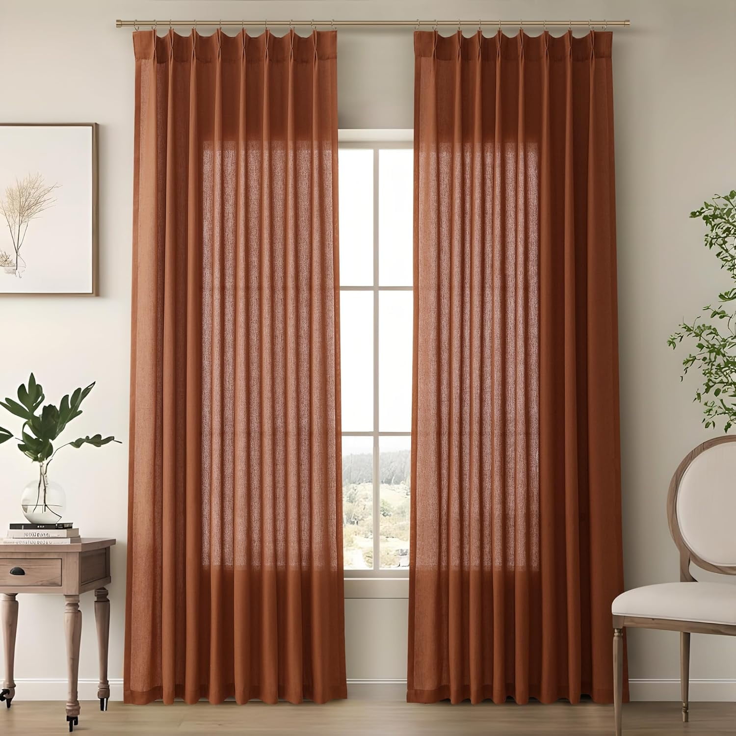 Terracotta Linen Curtains 96 Inches Long 2 Panels for Living Room Pinch ...