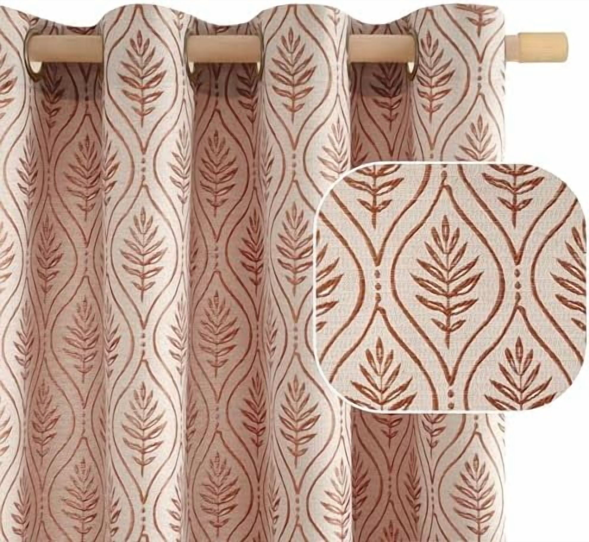 Terracotta Linen Curtains for Living Room, French Country Leaf Jacquard ...