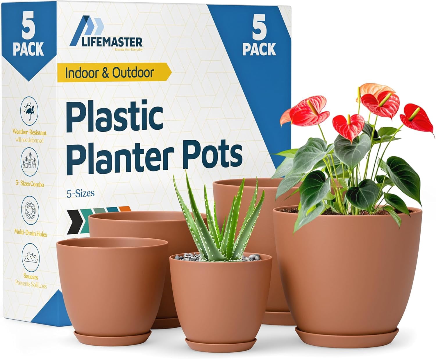 Terracotta Plant Pots with Drainage Holes & Saucers 5 Packs, Indoor ...