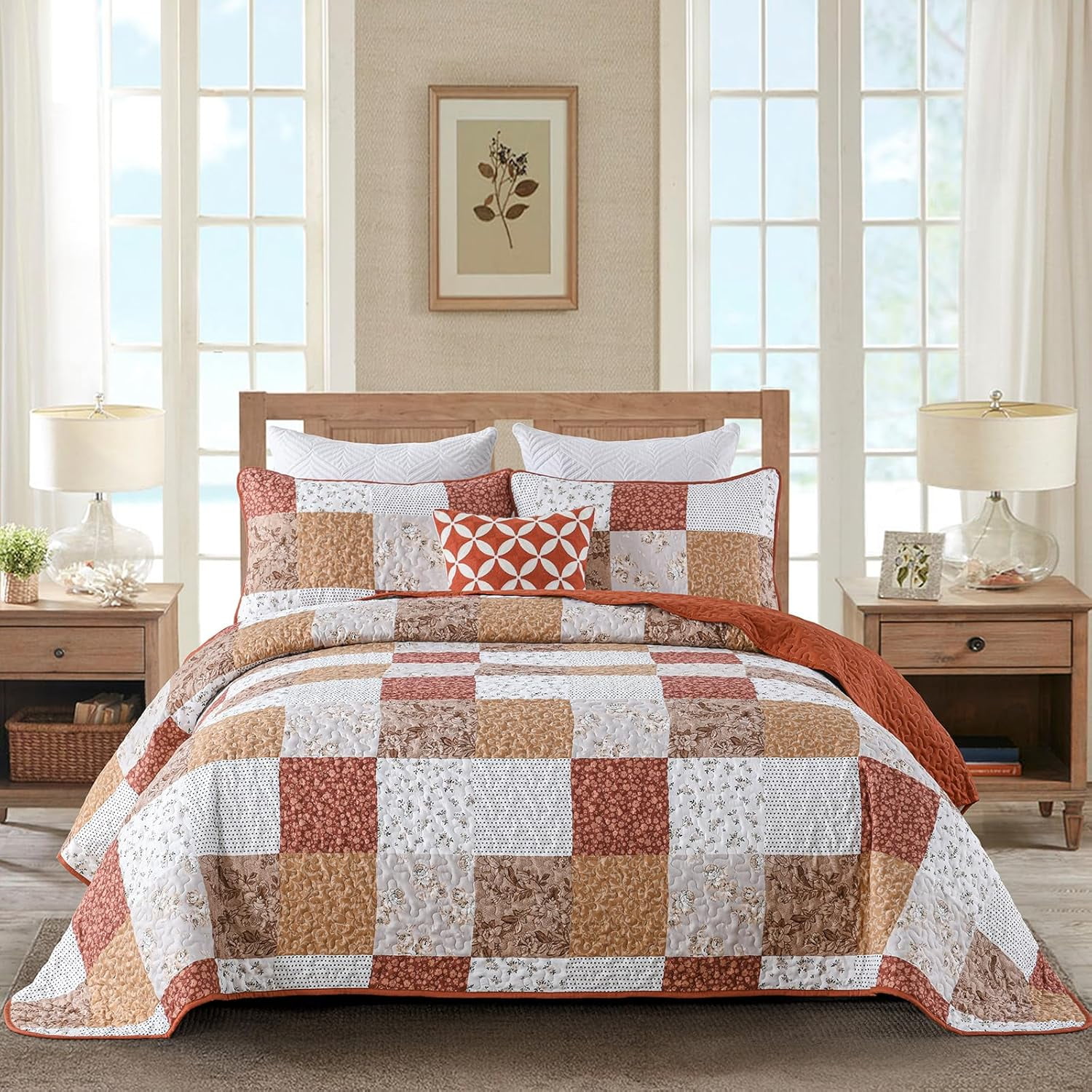 Terracotta Quilt Set King Patchwork Bedspread Floral Coverlet ...