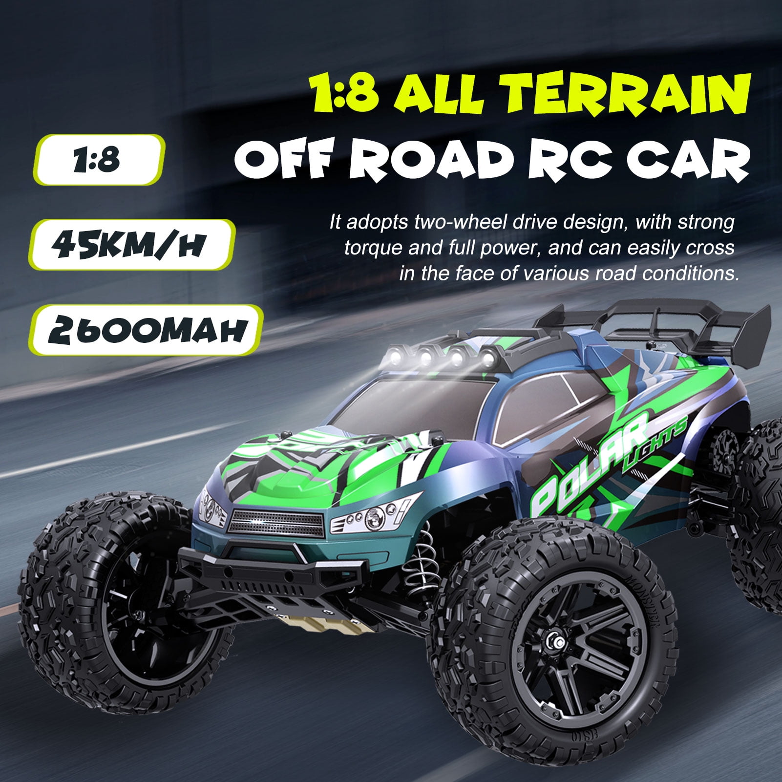 All Terrain 1:8 Off Road RC Car with 2 Rechargeable Batteries, 45KM/H ...