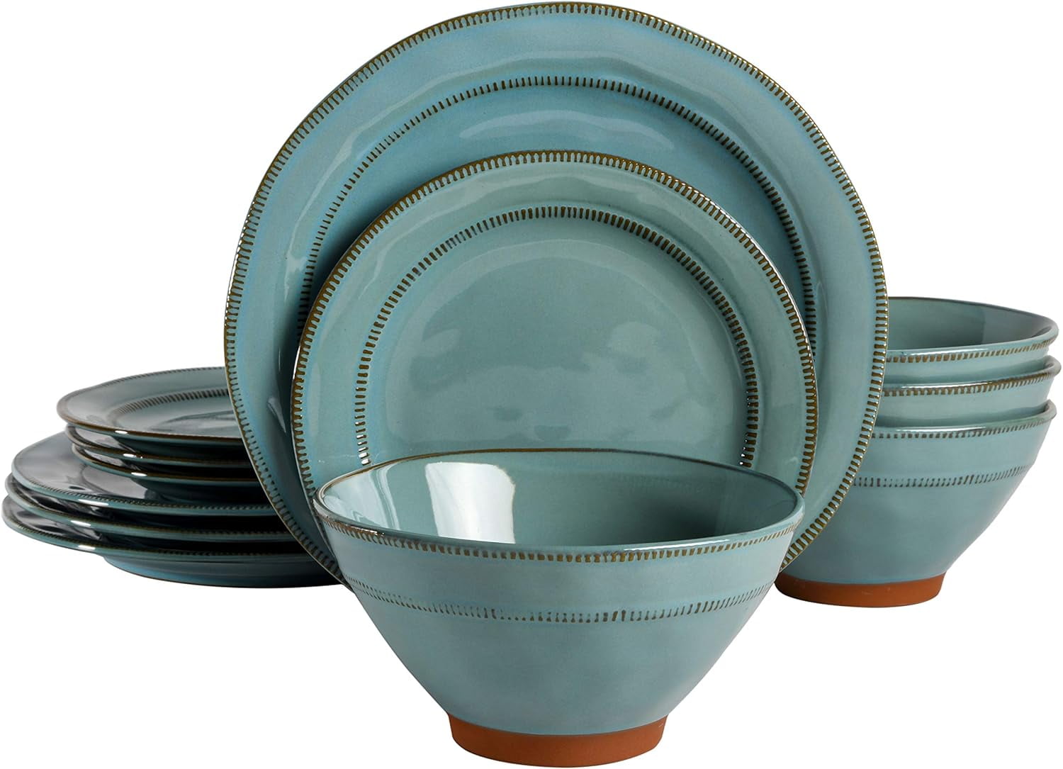 Terranea Round Reactive Glaze Terra Cotta 12-Piece Dinnerware Set for Four, Teal - Walmart.com