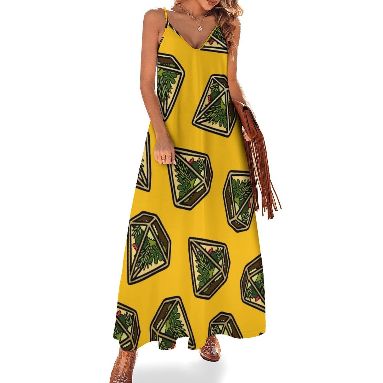 Terrarium Pattern in Yellow Sleeveless Dress women's evening dresses luxury evening dress woman ...