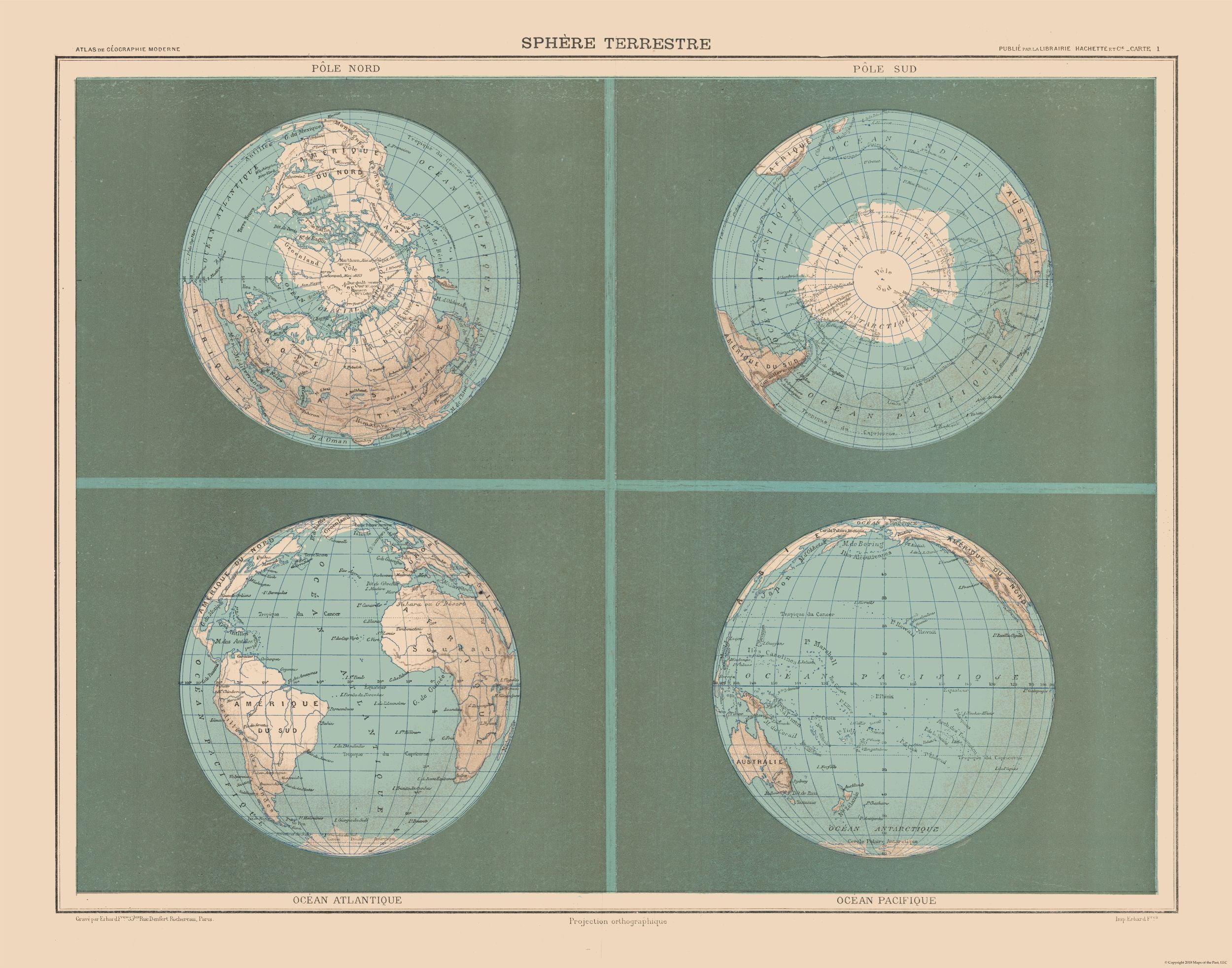 Historic Map - Terrestrial Sphere - Schrader 1908 - 29.28 x 23 ...