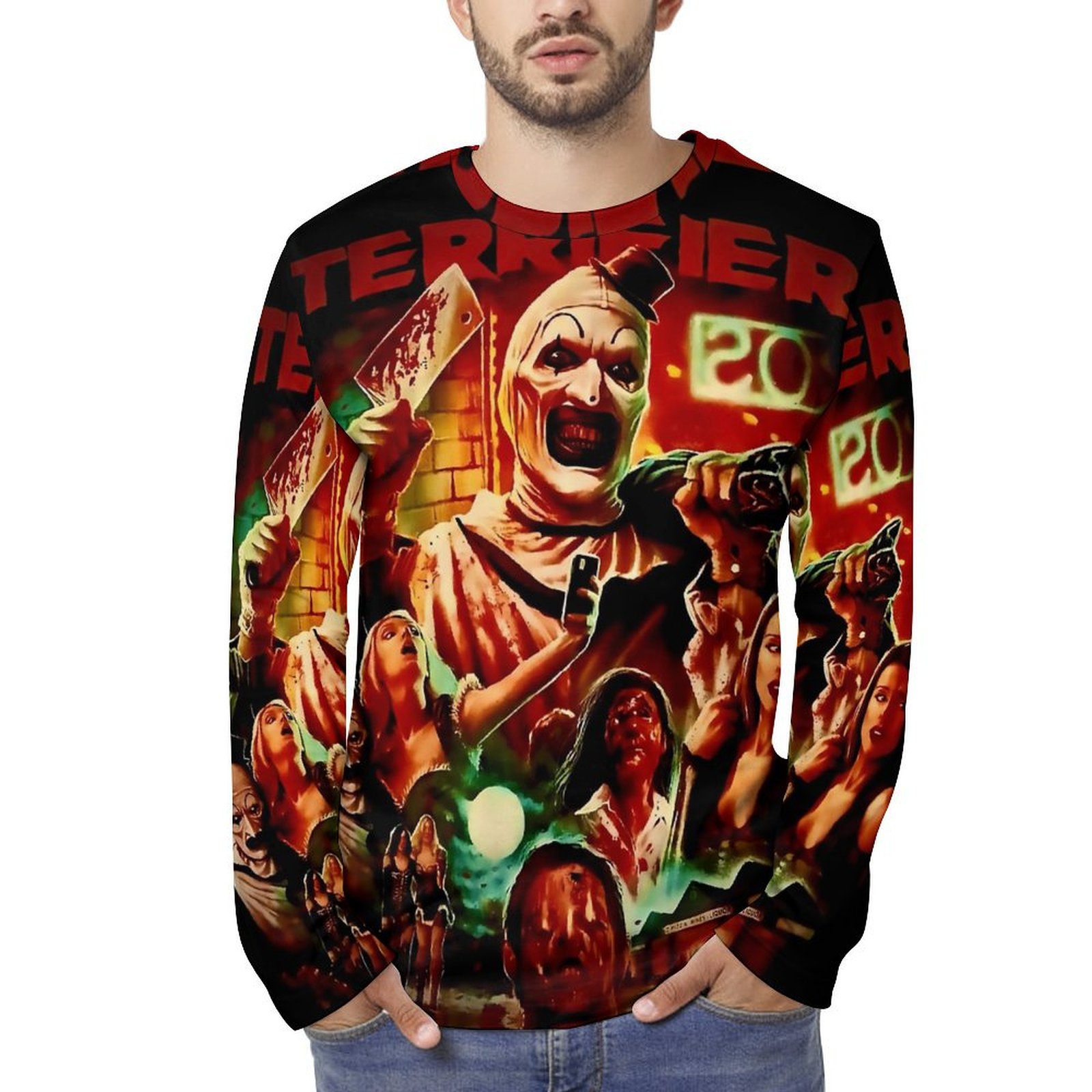 Terrifier Long Sleeve Shirts for Men Trendy Streetwear Crew Neck Tops Full Print Funny Graphic T ...
