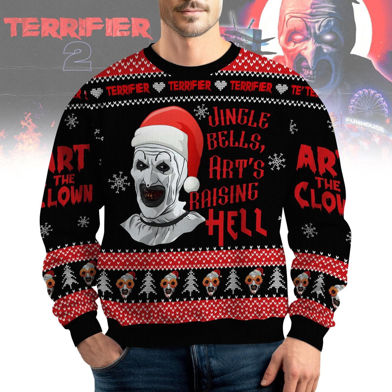 Terrifier Santa Ugly Christmas Sweater, Scary Clown Xmas Sweatshirt ...