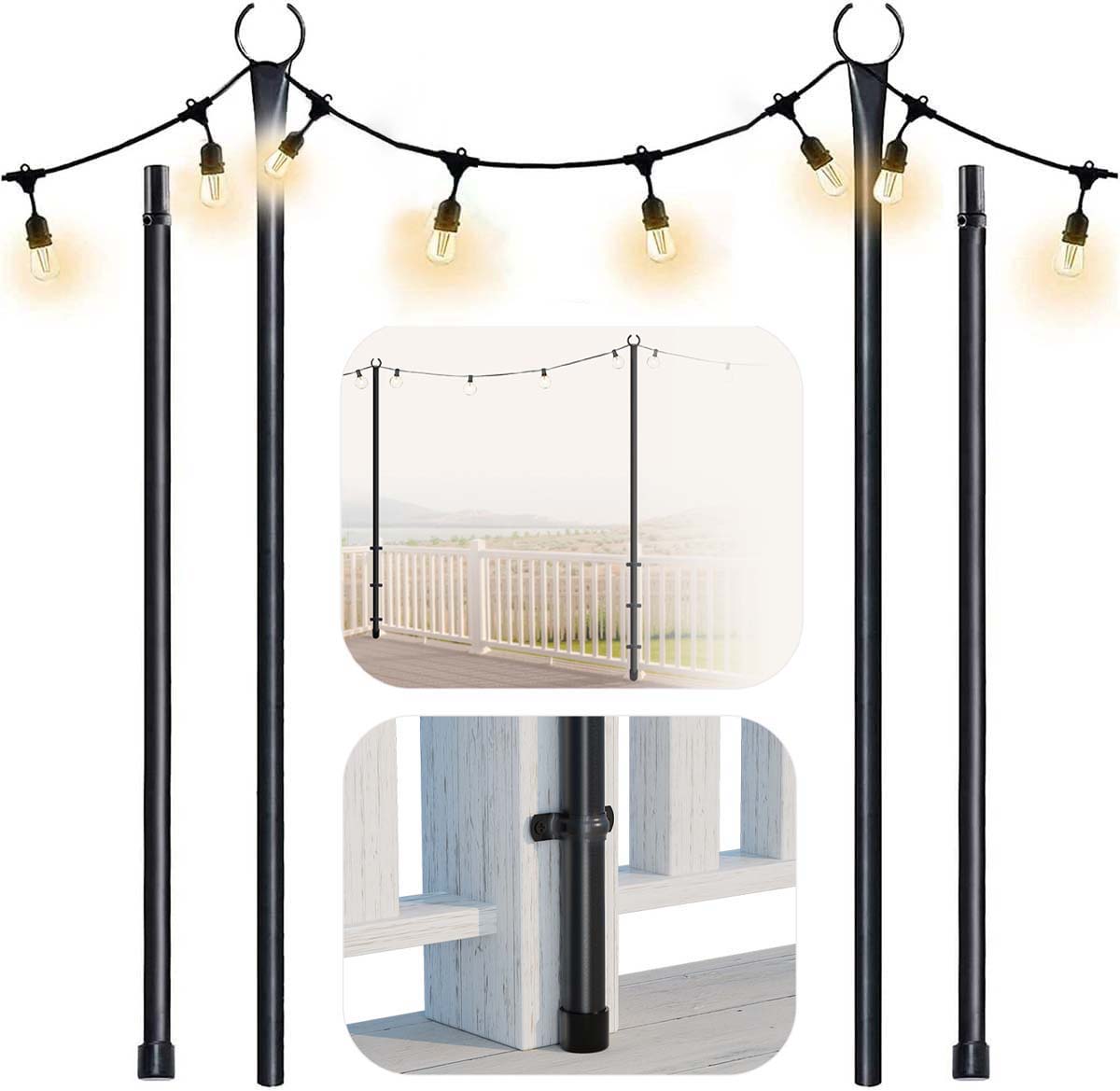 Walensee String Light Poles with Hook, 9.4FT Lights Hanger with 5-Prong ...