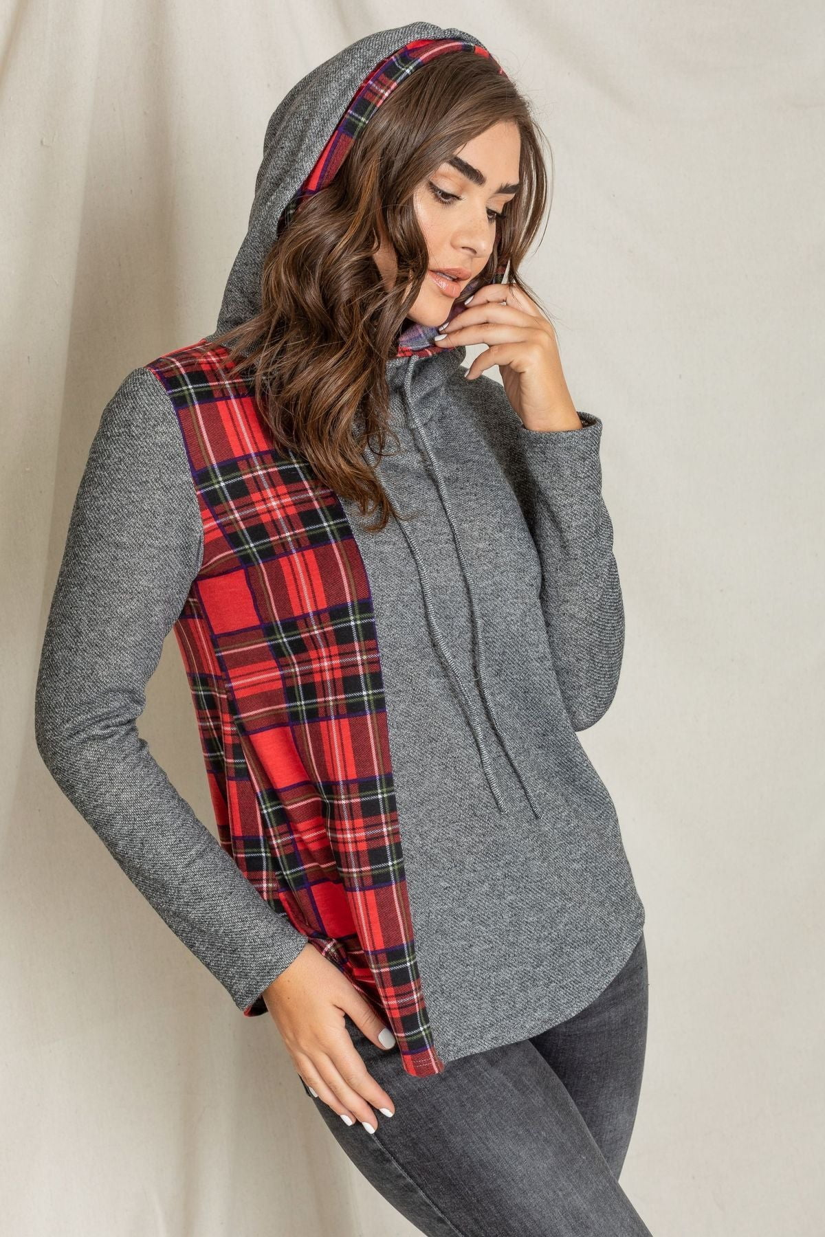 Terry Red Plaid Accent Color Block Double Layered Hoodie_Plus - Walmart.com